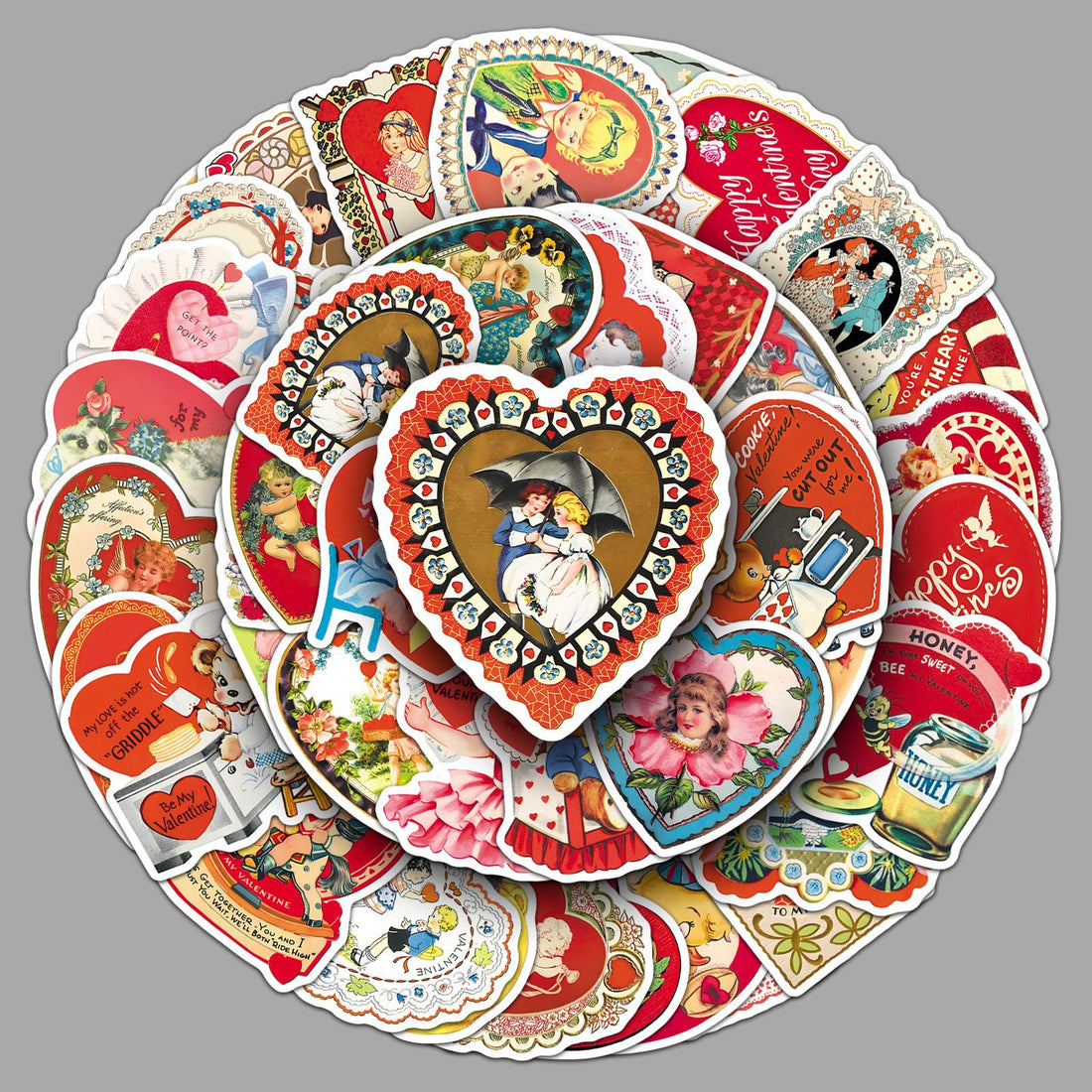 260127 50 Retro Cartoon Valentine's Day Stickers solid with white bord ...